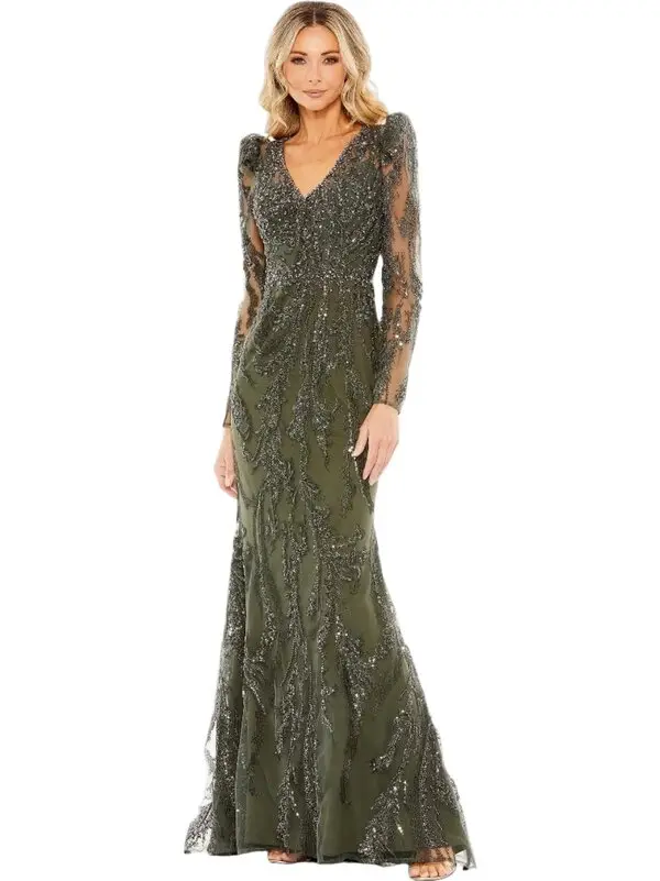 Mac Duggal Embellished Puff Sleeve V-neck Gown - Green