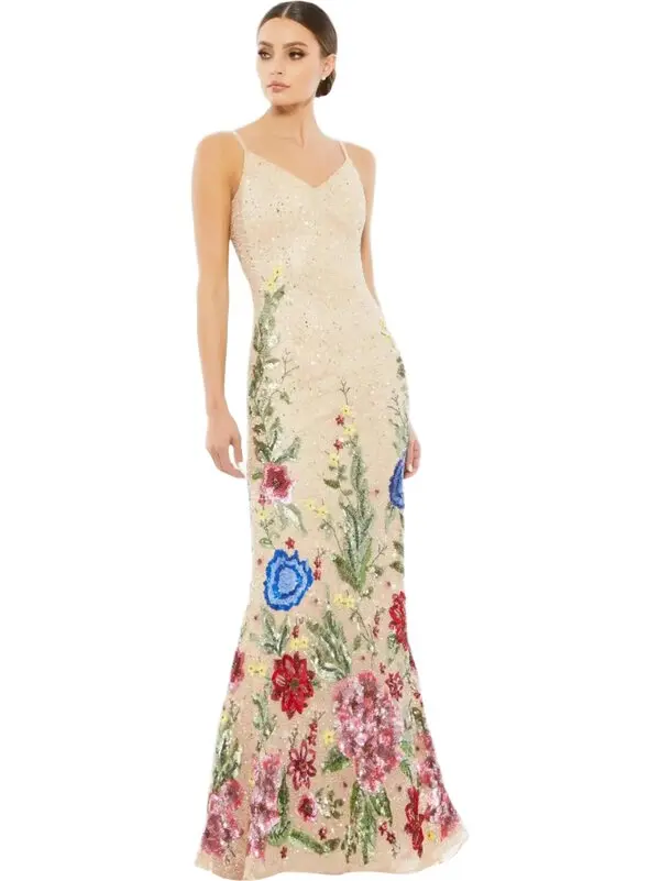 Mac Duggal Floral Embellished Spaghetti Strap Gown - Neutral