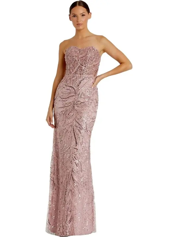 Mac Duggal Beaded Sequin Strapless Trumpet Gown - Pink