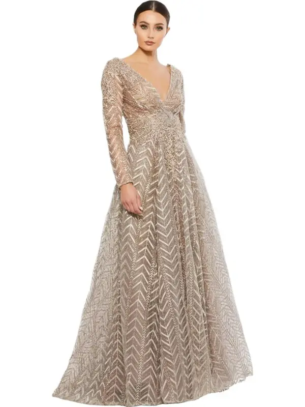 Mac Duggal Embellished Illusion Long Sleeve A-line Gown - Neutral