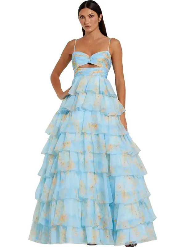 Mac Duggal Floral Cut Out Ruffle Tiered Gown - Blue