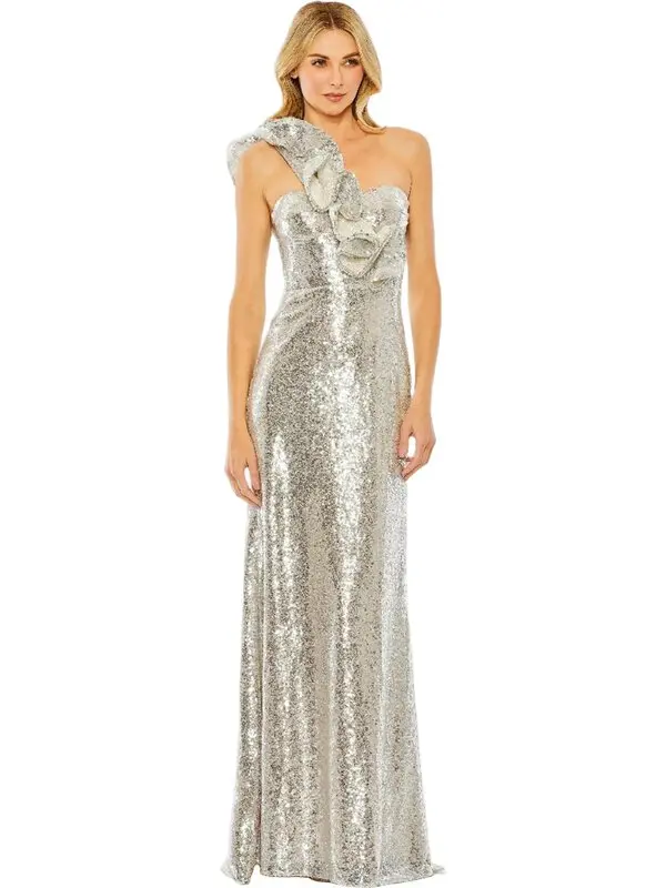 Mac Duggal Sequin Ruffled One Shoulder Gown - Silver