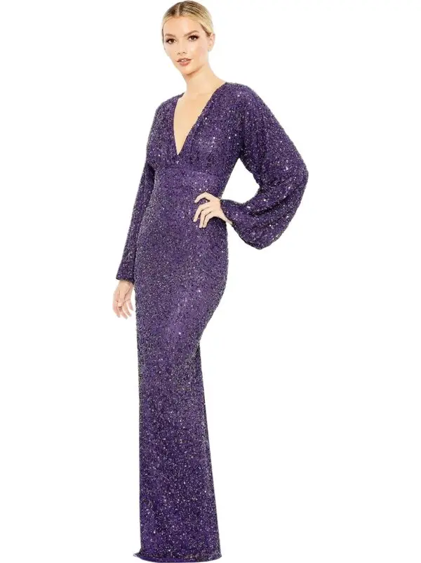 Mac Duggal Sequin V-neck Gown With Puff Sleeves - Purple