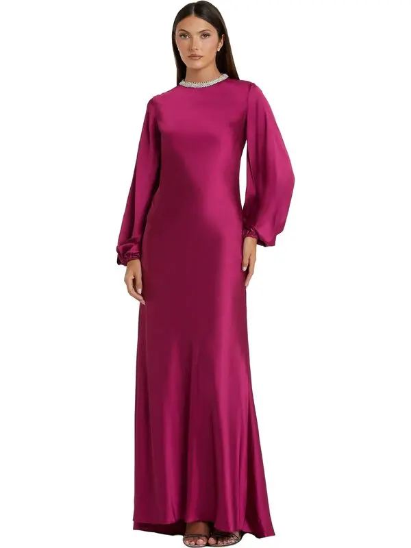 Mac Duggal Beaded High Neck Bishop Sleeve Gown - Purple