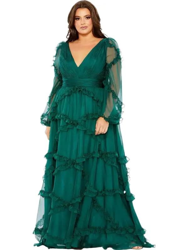 Mac Duggal V-neck Ruffle Tiered Puff Sleeve Gown - Green