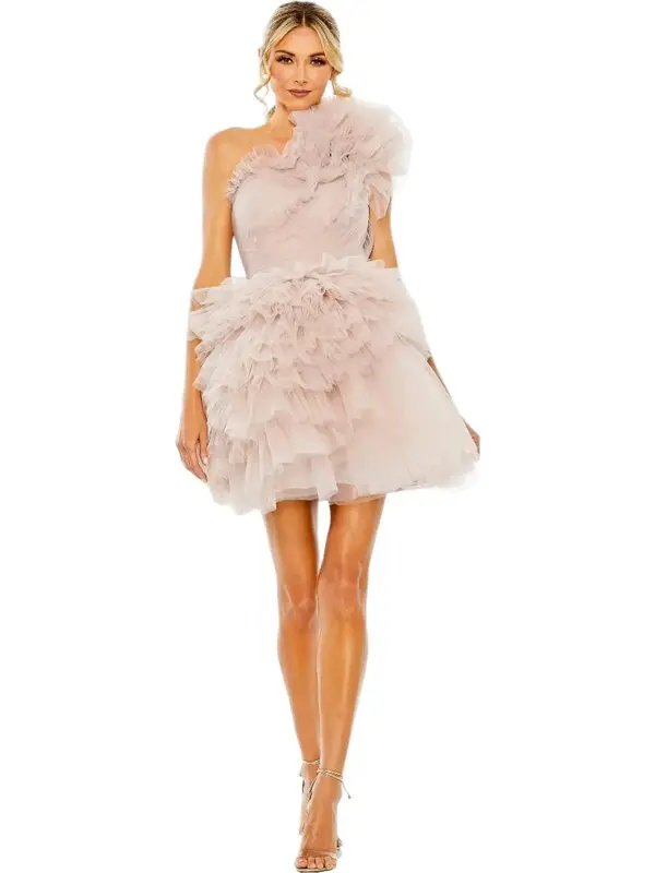 Mac Duggal Tulle Ruffle One Shoulder Mini Dress - Pink