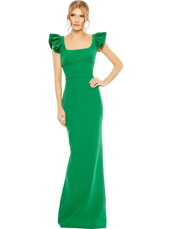 Mac Duggal Ruffle Cap Sleeve Open Back Column Gown - Green