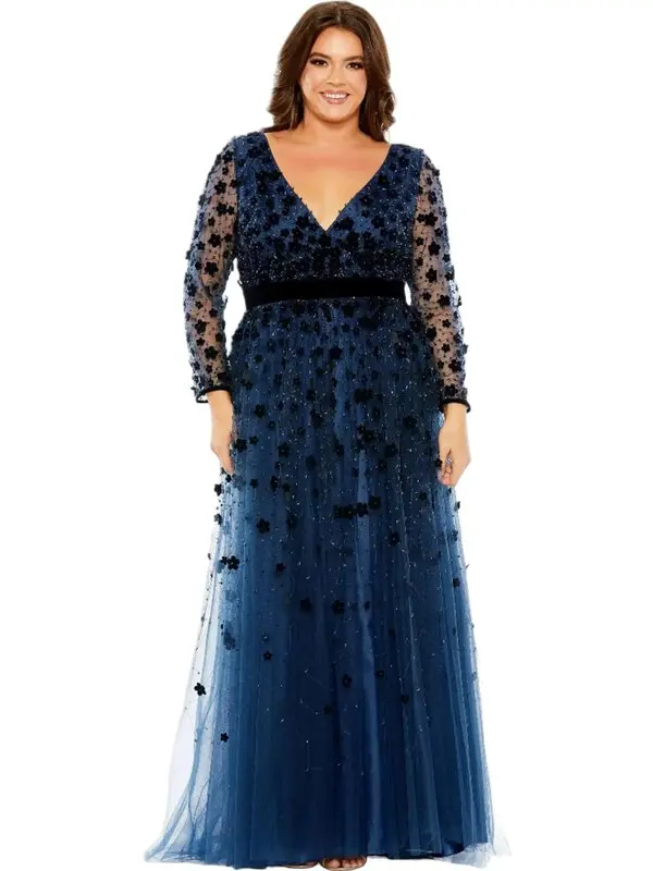 Mac Duggal Velvet Floral Applique Long Sleeve A-line Gown - Navy