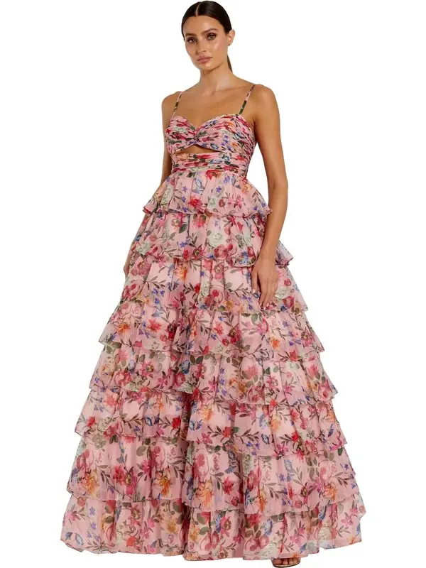 Mac Duggal Printed Chiffon Ruffle Tiered Gown - Floral