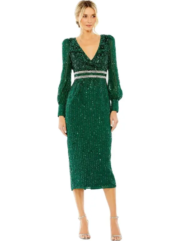 Mac Duggal Sequined V-neck Bishop Sleeve Dress - Green