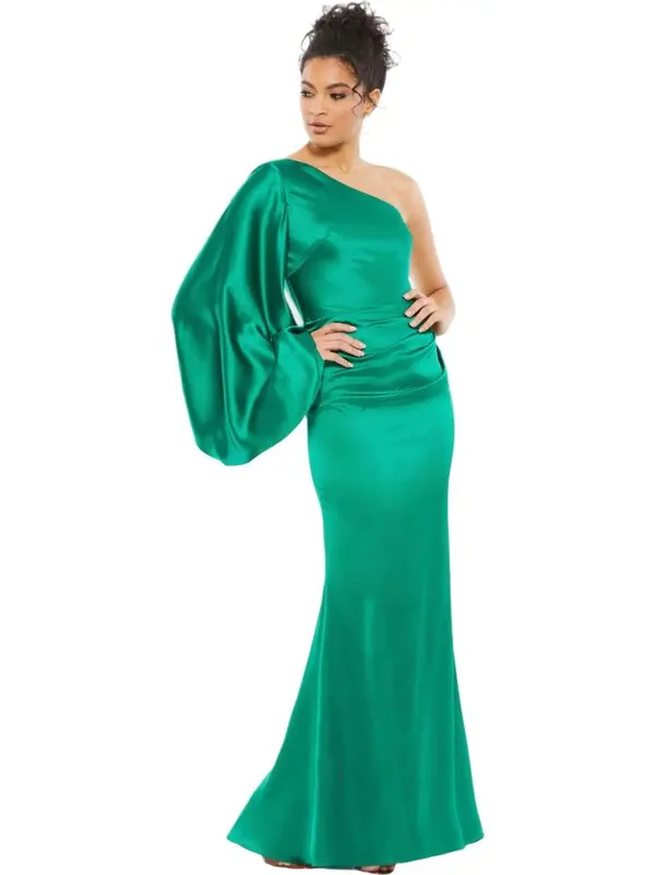 Mac Duggal Satin One-shoulder Puff Sleeve Gown - Green
