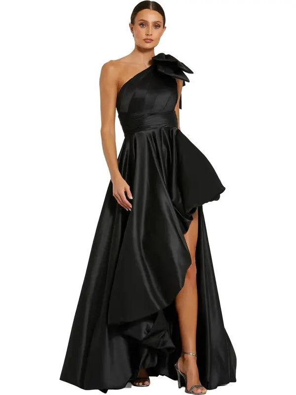 Mac Duggal Satin One-shoulder Bow Gown - Black