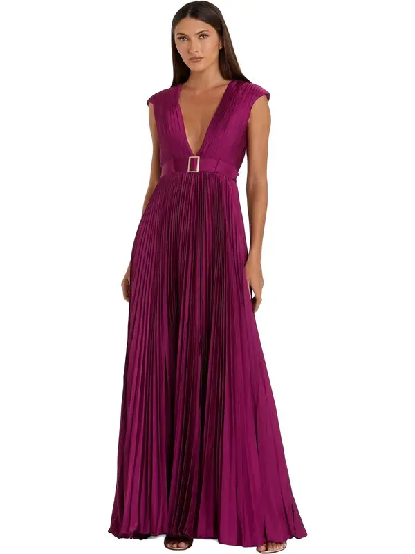 Mac Duggal Pleated Plunge Neck Belted A-line Gown - Purple