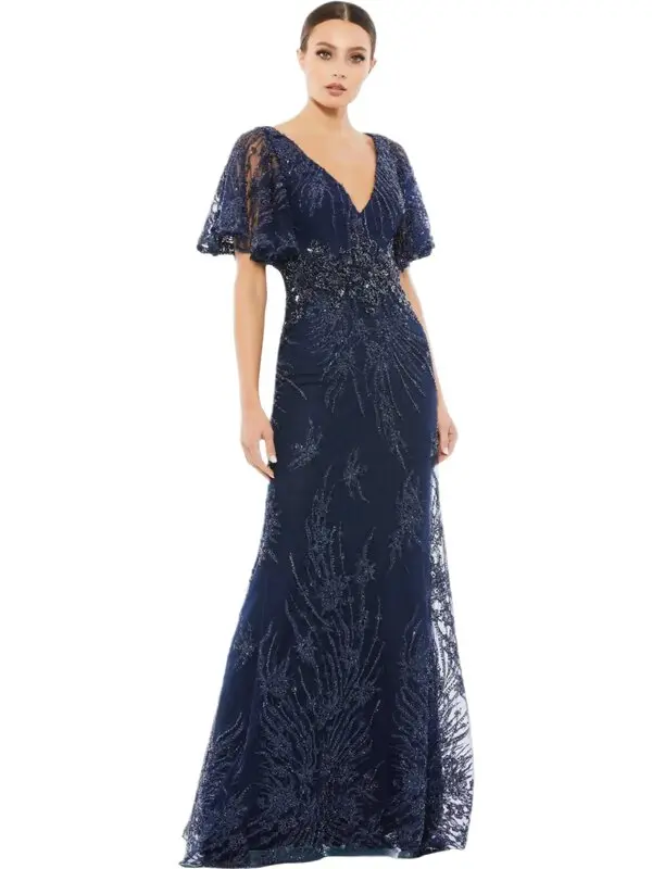 Mac Duggal Embellished Flutter Sleeve Evening Gown - Navy