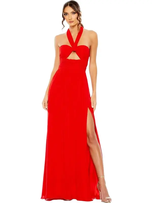 Mac Duggal Ruched Halter Strap Keyhole Chiffon Gown - Red