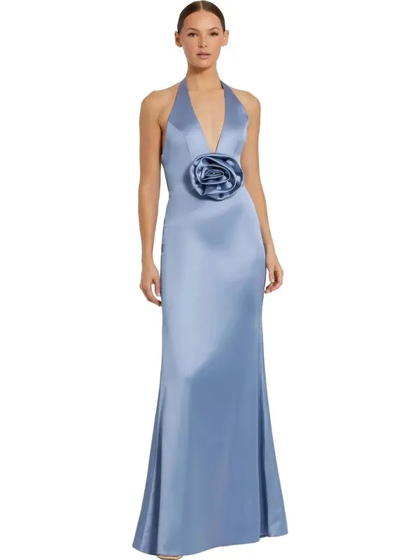 Mac Duggal Satin Halter Neck Gown With Rosette - Blue