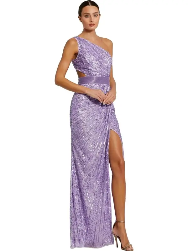 Mac Duggal Sequined One Shoulder Lace Up Gown - Purple
