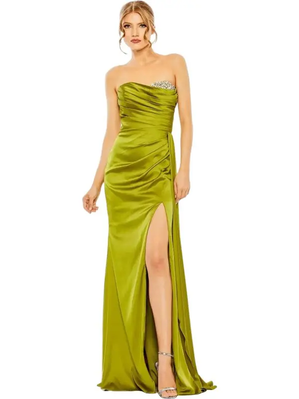 Mac Duggal Strapless Embellished Sweetheart Neckline Satin Gown - Green