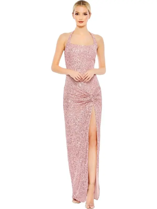 Mac Duggal Sequined Halter Strap Gown With Knot Detail - Pink