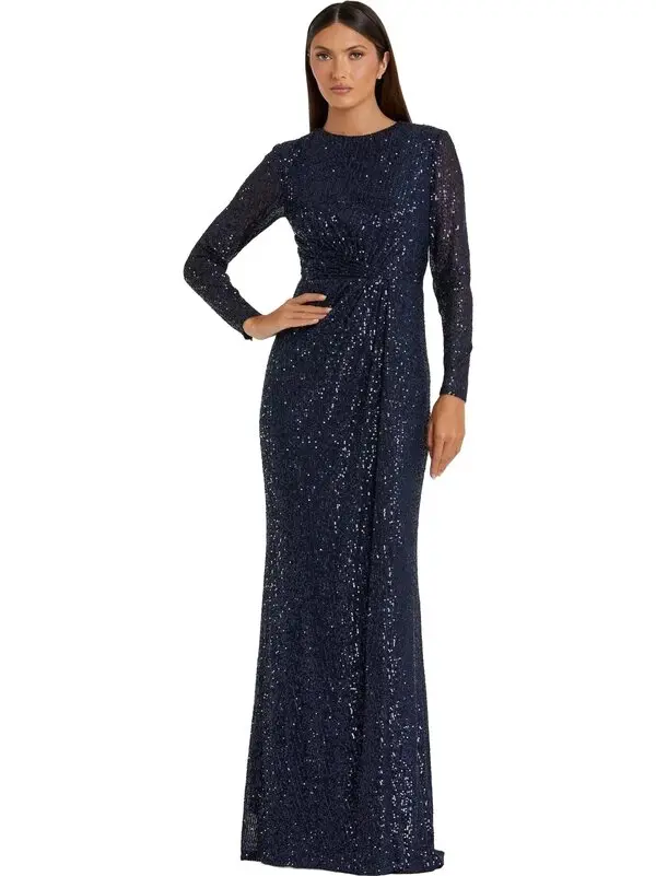 Mac Duggal Sequin-embellished Long Sleeve Gown - Navy