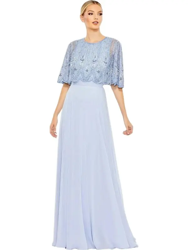 Mac Duggal Beaded Overlay A-line Gown With Cape - Blue