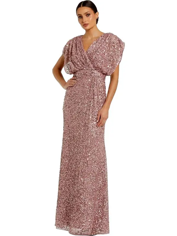 Mac Duggal Sequin Draped Sleeve V-neck Gown - Purple