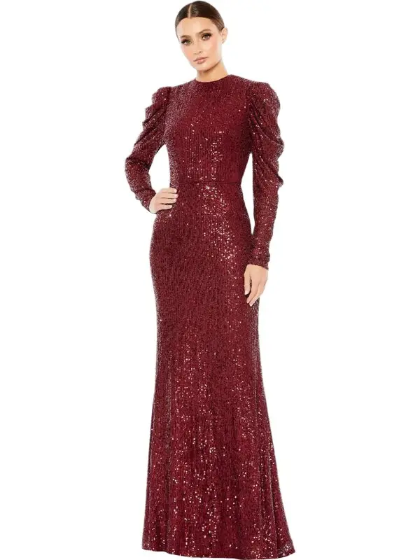 Mac Duggal Sequin High Neck Column Gown With Long Puff Sleeves - Red