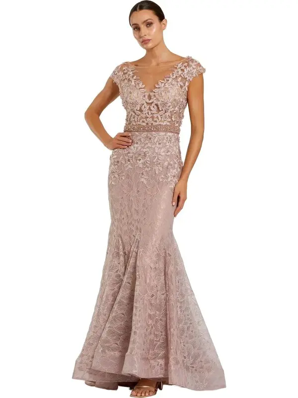Mac Duggal High Neck Mermaid Gown With Floral Shoulder Detail - Pink