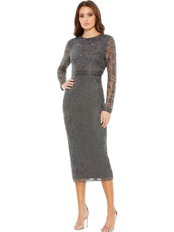 Mac Duggal Beaded Tea Length Dress With Sheer Sleeves - Gray