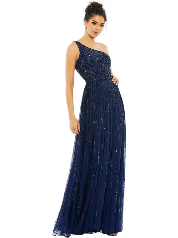 Mac Duggal Embellished One-shoulder A-line Gown - Navy