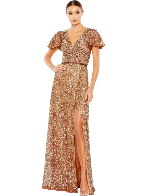 Mac Duggal Sequin Butterfly Sleeve Wrap Gown - Orange