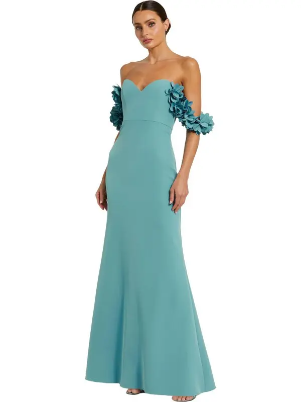Mac Duggal Crepe Off-the-shoulder Gown With 3d Flowers - Blue