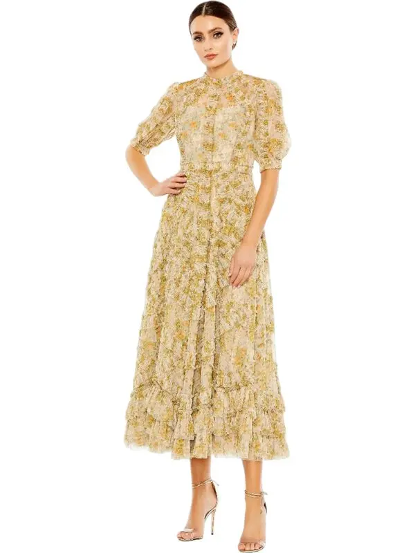 Mac Duggal Floral Print Mesh Puff Sleeve Dress - Yellow