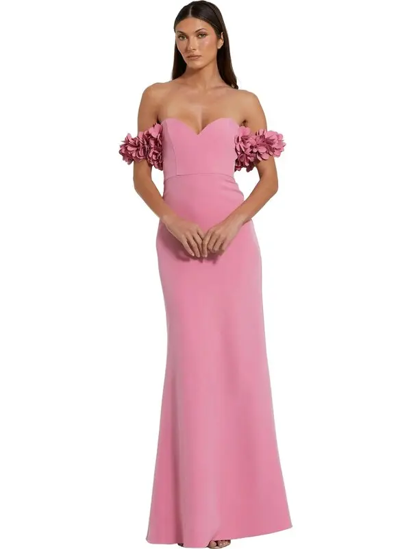 Mac Duggal Crepe Off-the-shoulder Gown With 3d Flowers - Pink