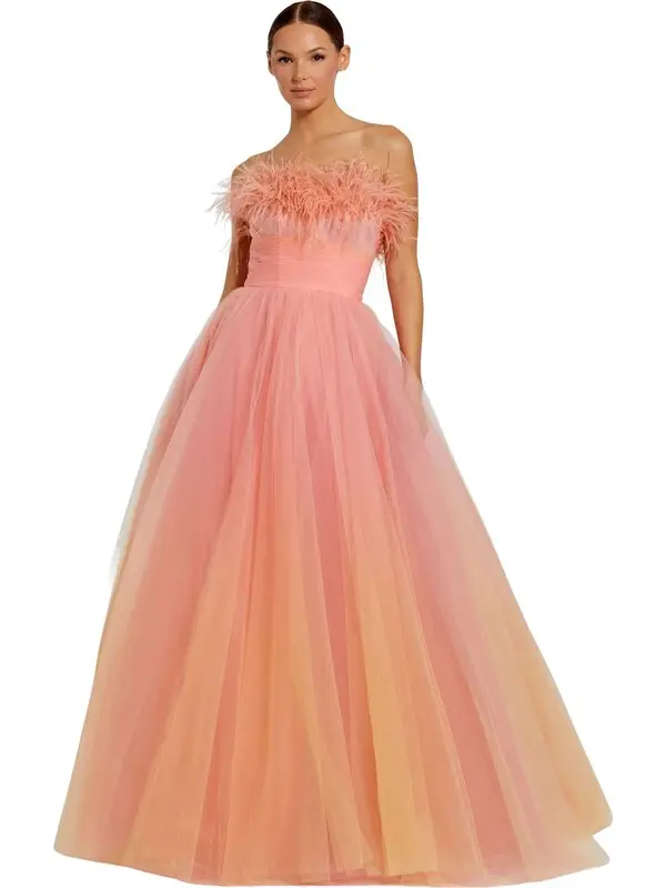 Mac Duggal Strapless Ombre Feather Bodice Tulle Gown - Pink