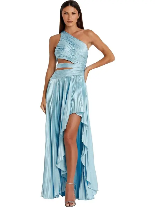 Mac Duggal One-shoulder Pleated Charmeuse High-low Gown - Blue