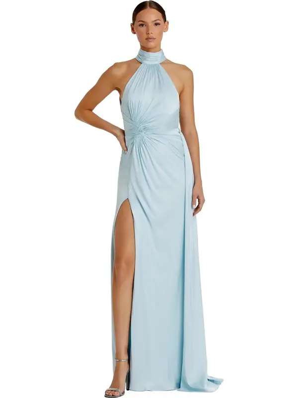 Mac Duggal Open Back High Neck Side Ruched Gown - Blue