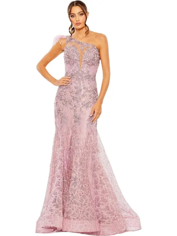 Mac Duggal Embroidered Applique Feathered One Shoulder Trumpet Gown - Pink