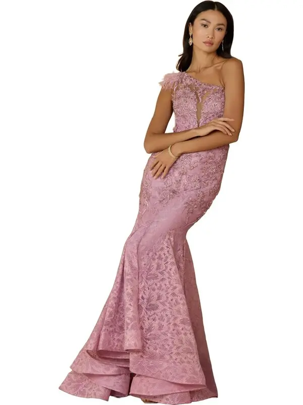 MAC DUGGAL COLLECTION Embellished Lace One-shoulder Gown With Feather Detail - Pink