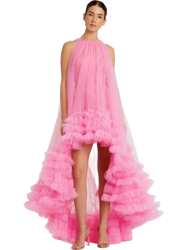 Mac Duggal Tulle High-low Gown With Ruffled Hem - Pink