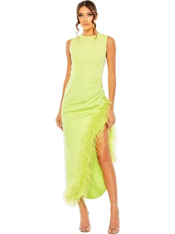 Mac Duggal Ruched High-low Sheath Dress With Feather Trim - Green