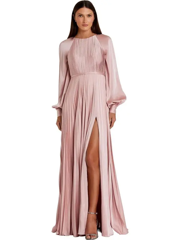 Mac Duggal Pleated High Neck Raglan Long Sleeve Side Slit Gown - Pink