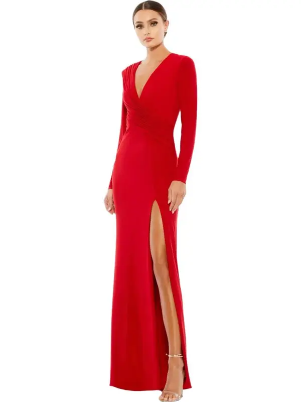 Mac Duggal Jersey Long Sleeve Asymmetrical Ruched Gown - Red