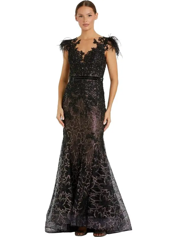 Mac Duggal Embellished Feather Cap Sleeve Trumpet Gown - Black