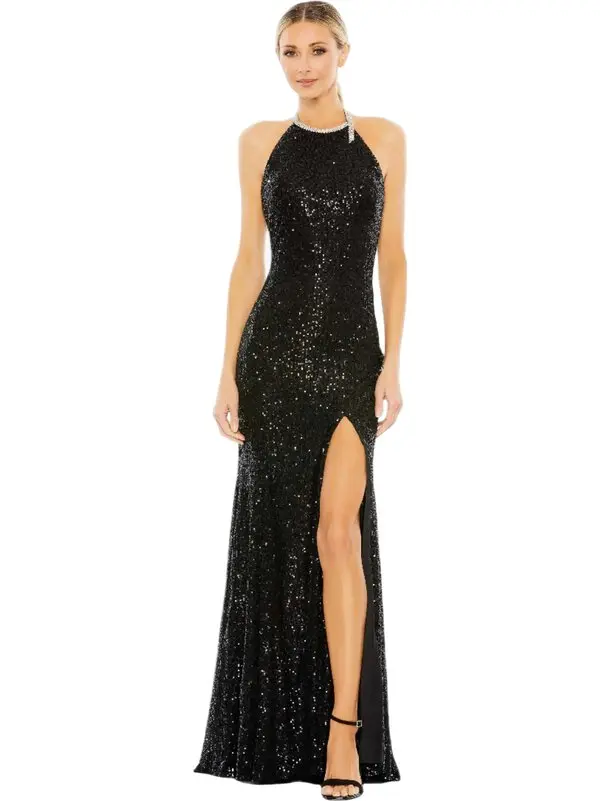Mac Duggal Sequined High Neck Rhinestone Trim Column Gown - Black