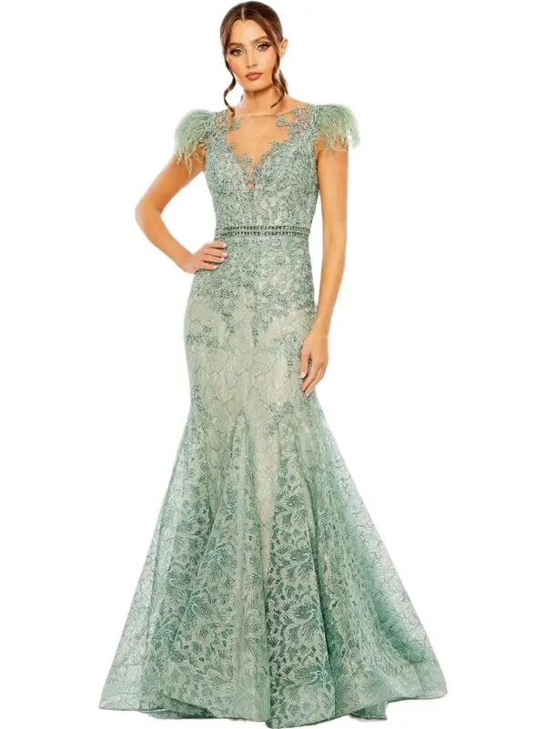 Mac Duggal Embellished Feather Cap Sleeve Trumpet Gown - Green