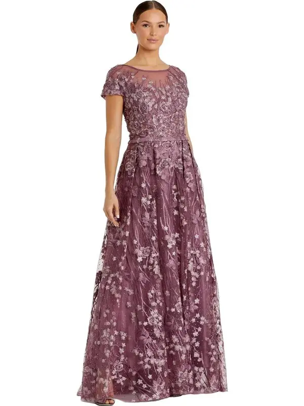 Mac Duggal Embellished Floral A-line Gown With Cap Sleeves - Purple