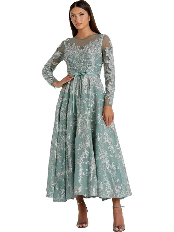 Mac Duggal Embellished A-line Dress With Illusion Long Sleeves - Green