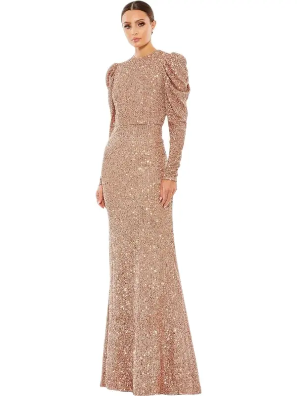 Mac Duggal Sequin Column Gown With Long Puff Sleeves - Pink