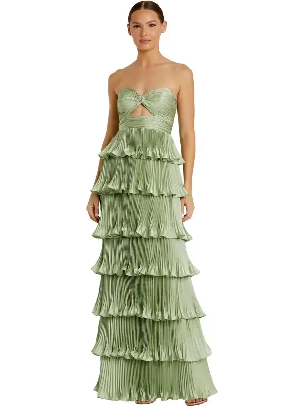 Mac Duggal Pleated Charmeuse Tiered Ruffle Gown - Green